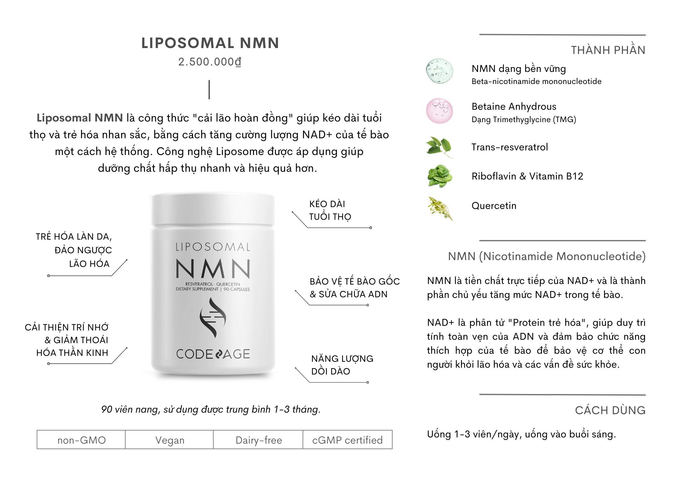 Viên uống kéo dài tuổi thọ, trẻ hóa, chống lão hóa Code Age Liposomal NMN Platinum