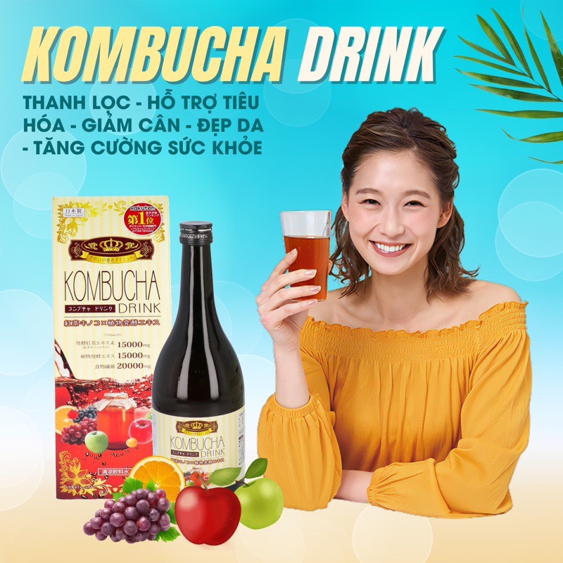 Nước uống lên men Detox Đẹp Da Kombucha Drink 720ml Yuwa Nhật Bản